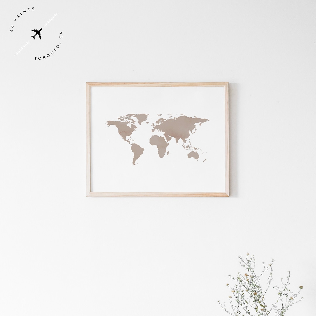 Beige World Map Print, Travel Print, Travel Decor, Wanderlust Print ...