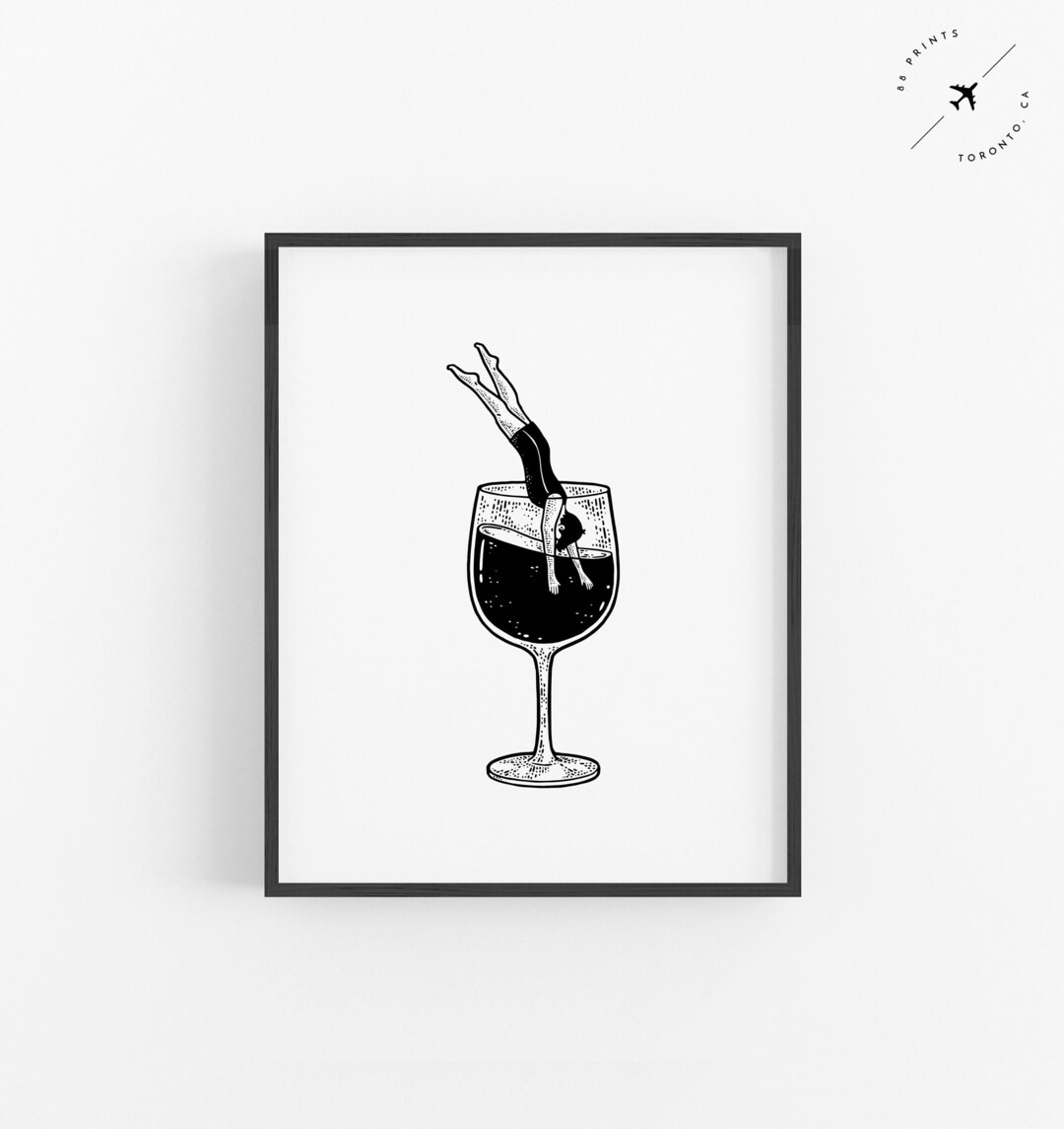 Retro Wine Print, Fine Line Wine Art, Bar Cart Prints, Kitchen Art ...