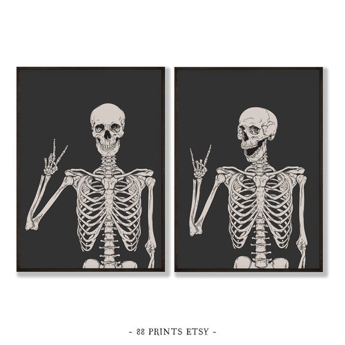 Skeleton Set of 2 Halloween Prints Halloween Wall Art | Etsy