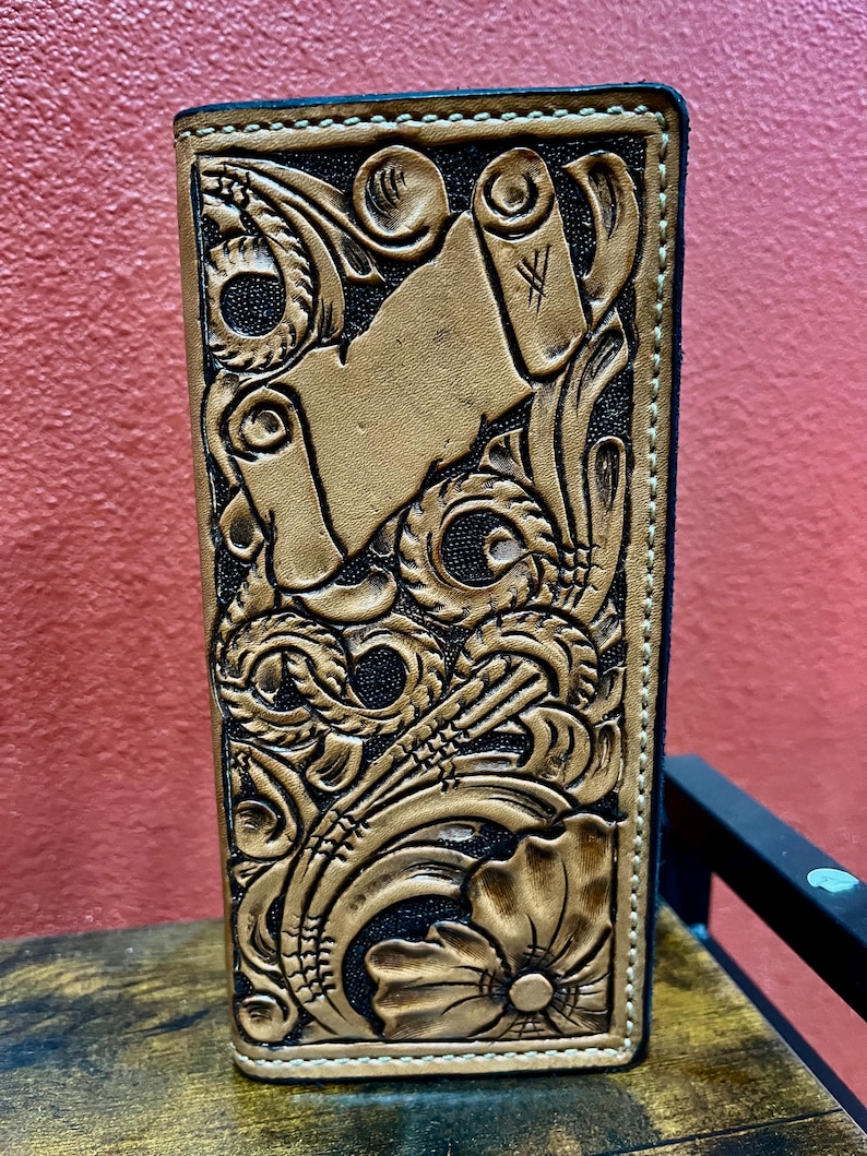 Roper Long Hand Tooled Leather Wallet - Etsy
