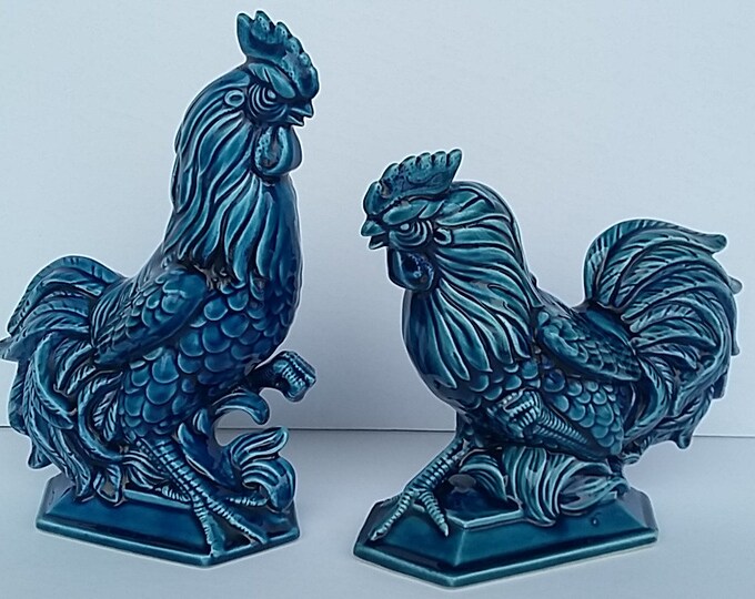Vintage Inarco Blue Mood Roosters | 1960's Pair of Indigo Blue Ceramic ...