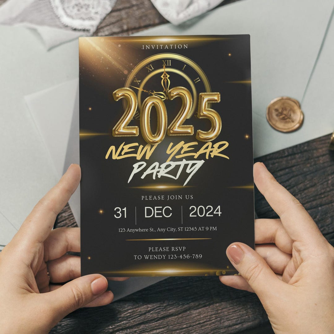 2025 New Years Party Invitation Template, Gold Balloon New Years Eve ...