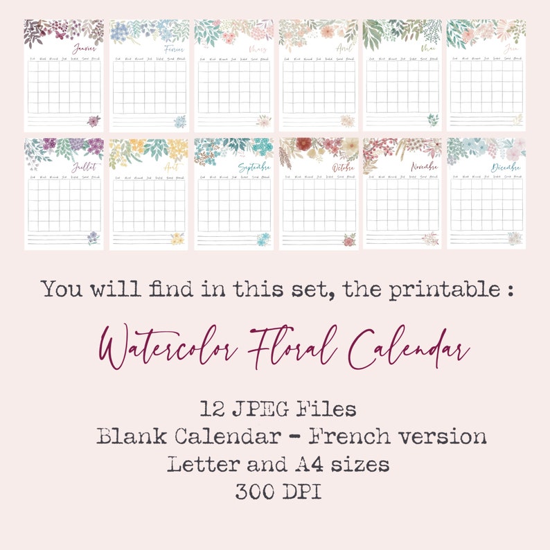 Blank Calendar With Floral Watercolor Design, Printable, Planner, Diary ...