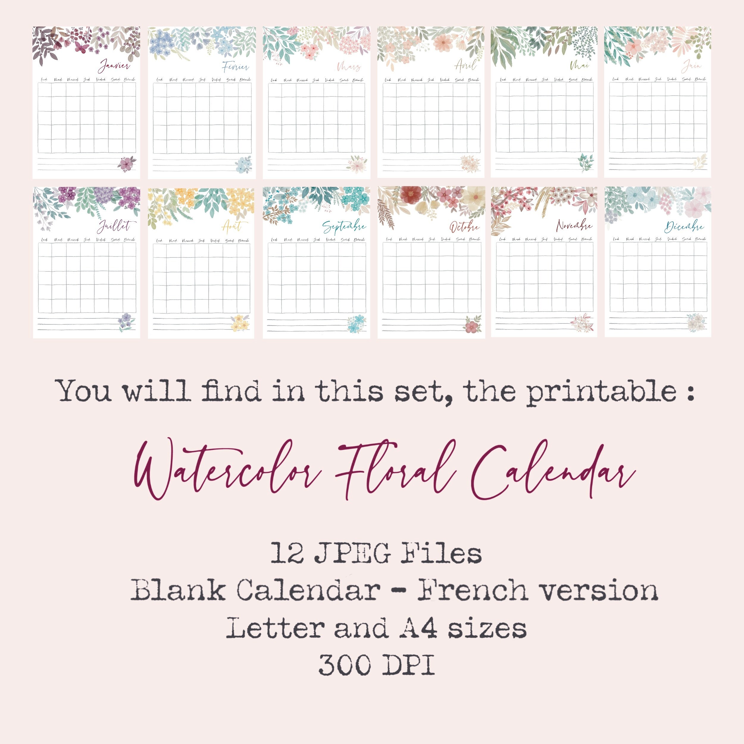 Blank Calendar With Floral Watercolor Design, Printable, Planner, Diary ...