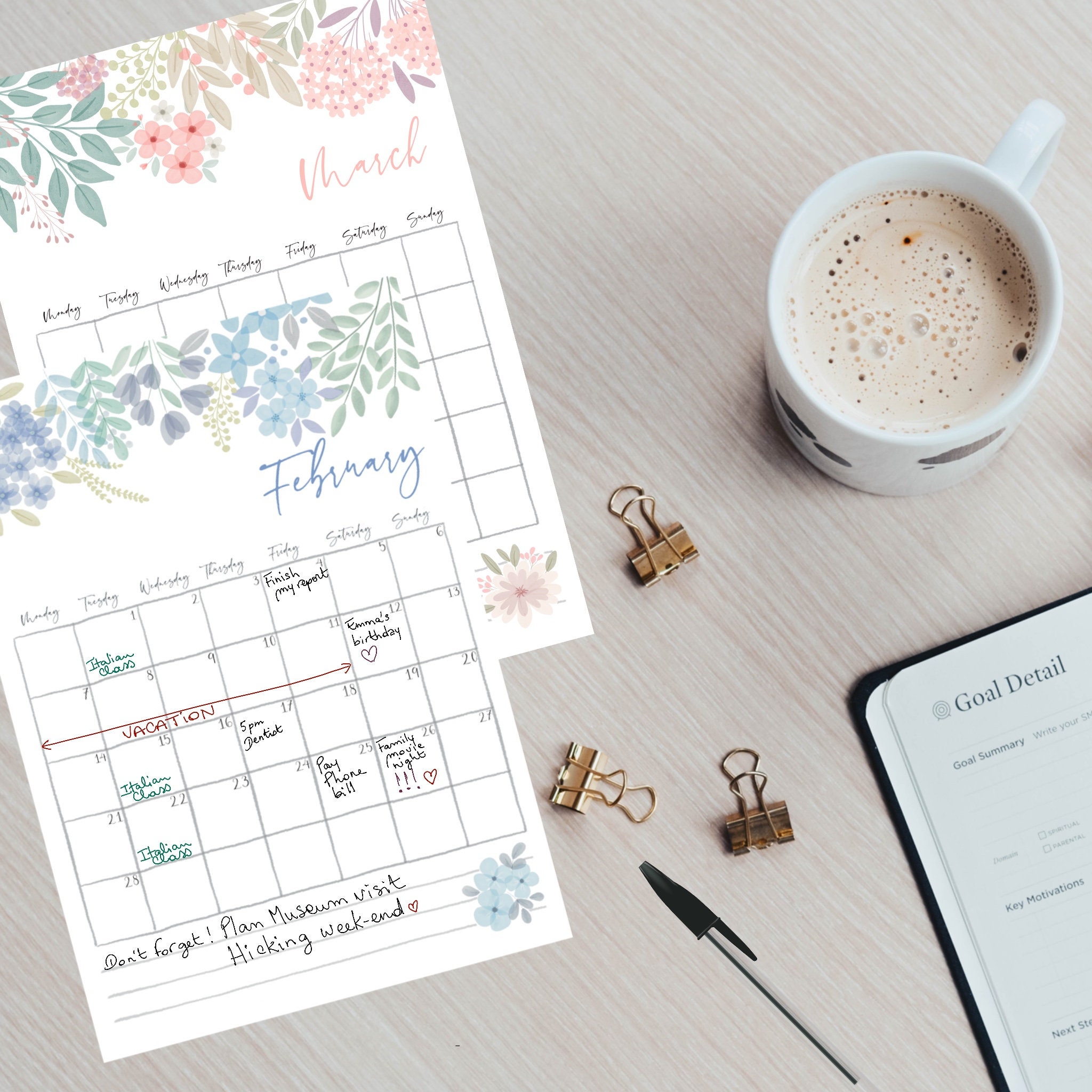 Blank Calendar With Floral Watercolor Design, Printable, Planner, Diary ...