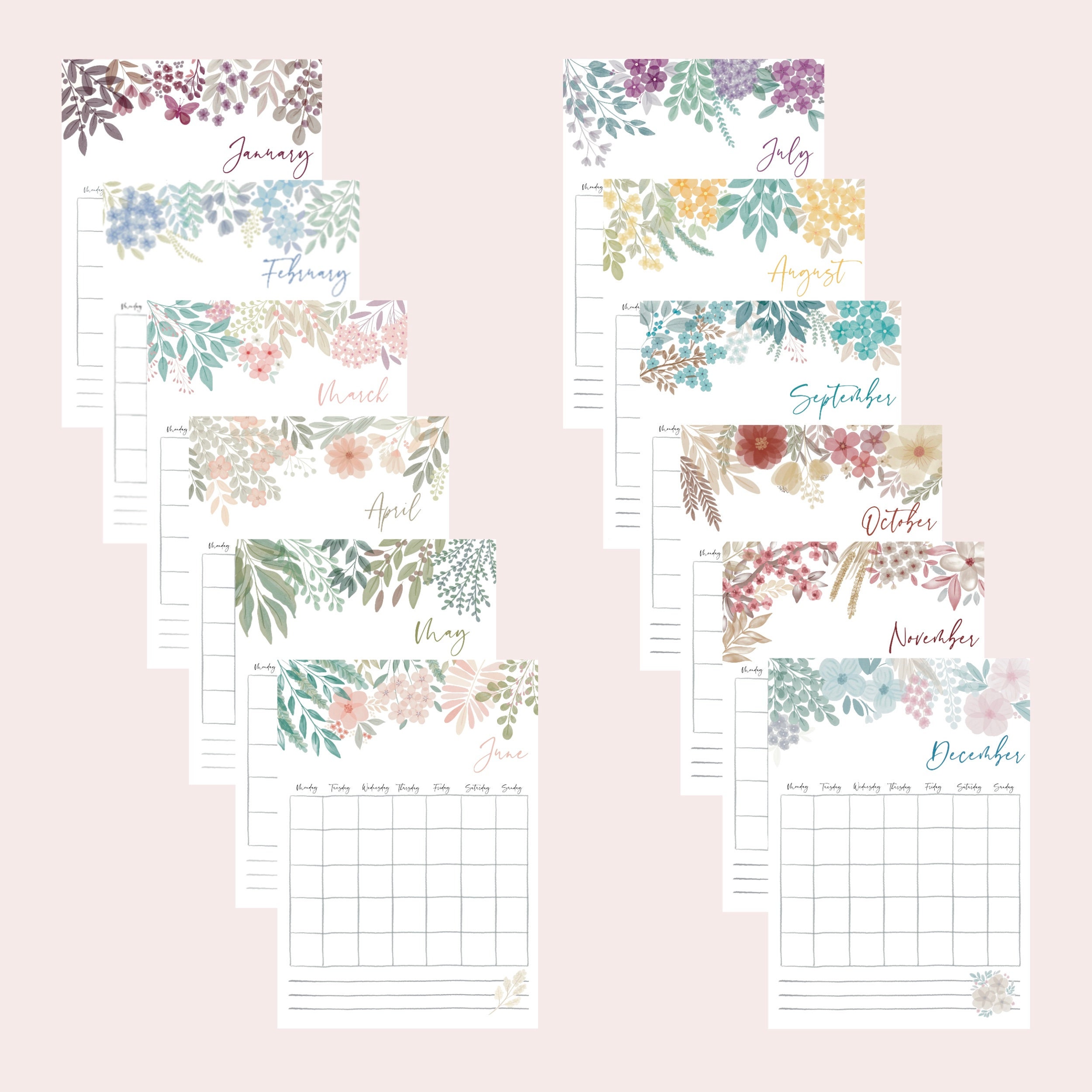 Blank Calendar With Floral Watercolor Design, Printable, Planner, Diary ...