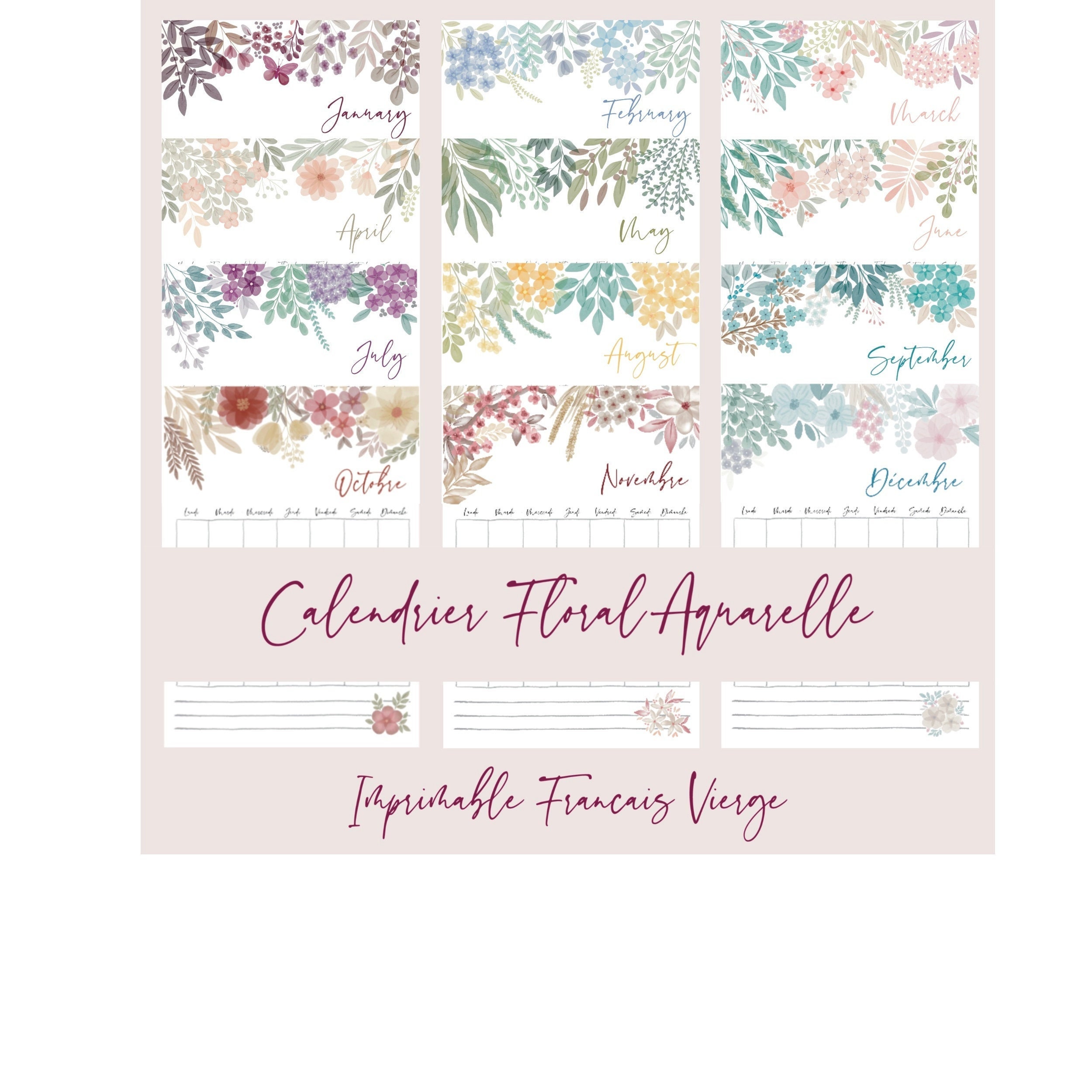 Blank Calendar With Floral Watercolor Design, Printable, Planner, Diary ...