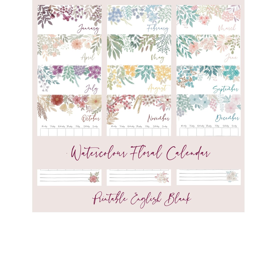 Blank Calendar With Floral Watercolor Design, Printable, Planner, Diary ...