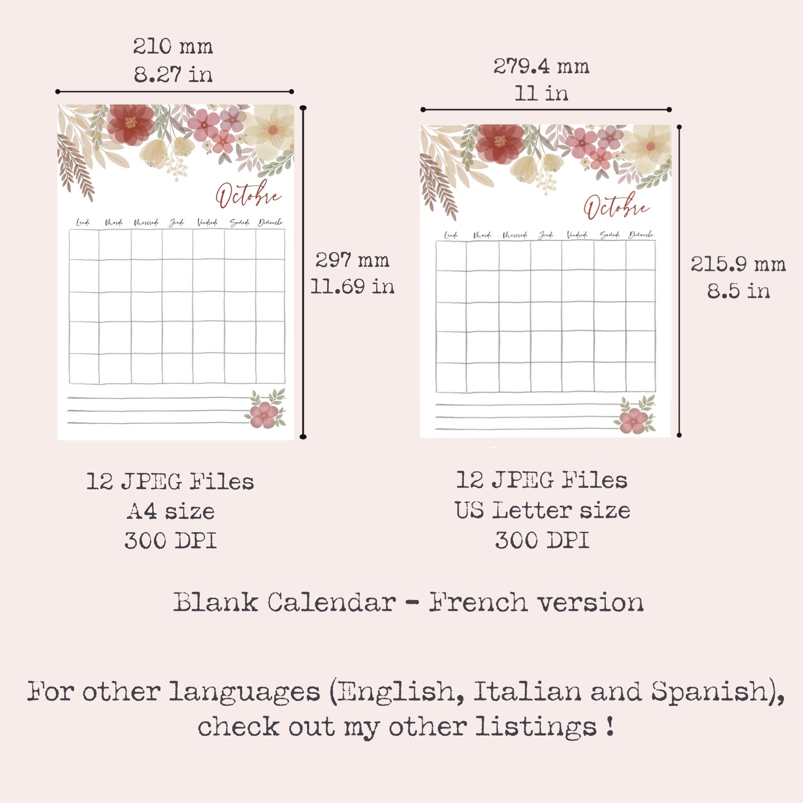 Blank Calendar With Floral Watercolor Design, Printable, Planner, Diary ...