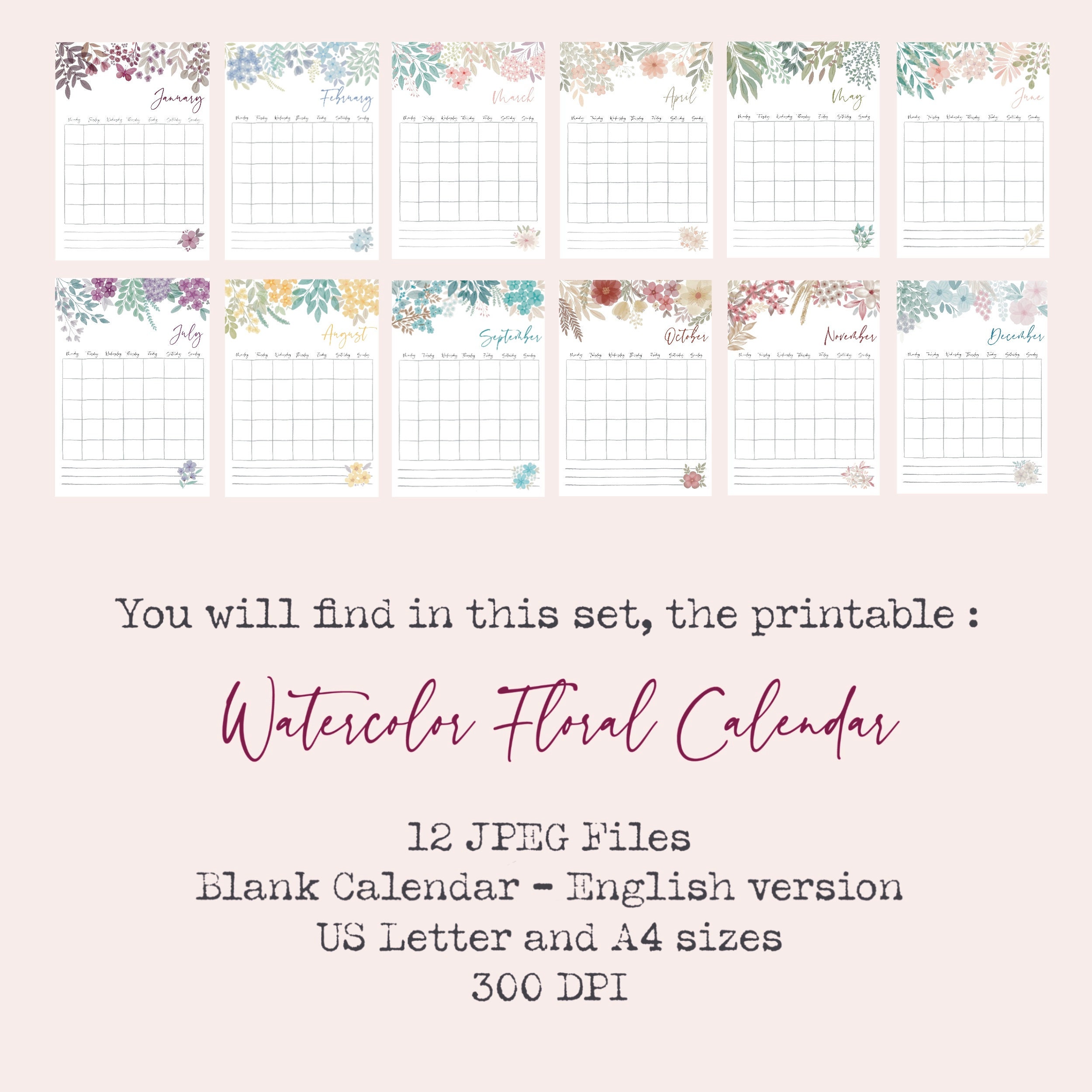 Blank Calendar With Floral Watercolor Design, Printable, Planner, Diary ...
