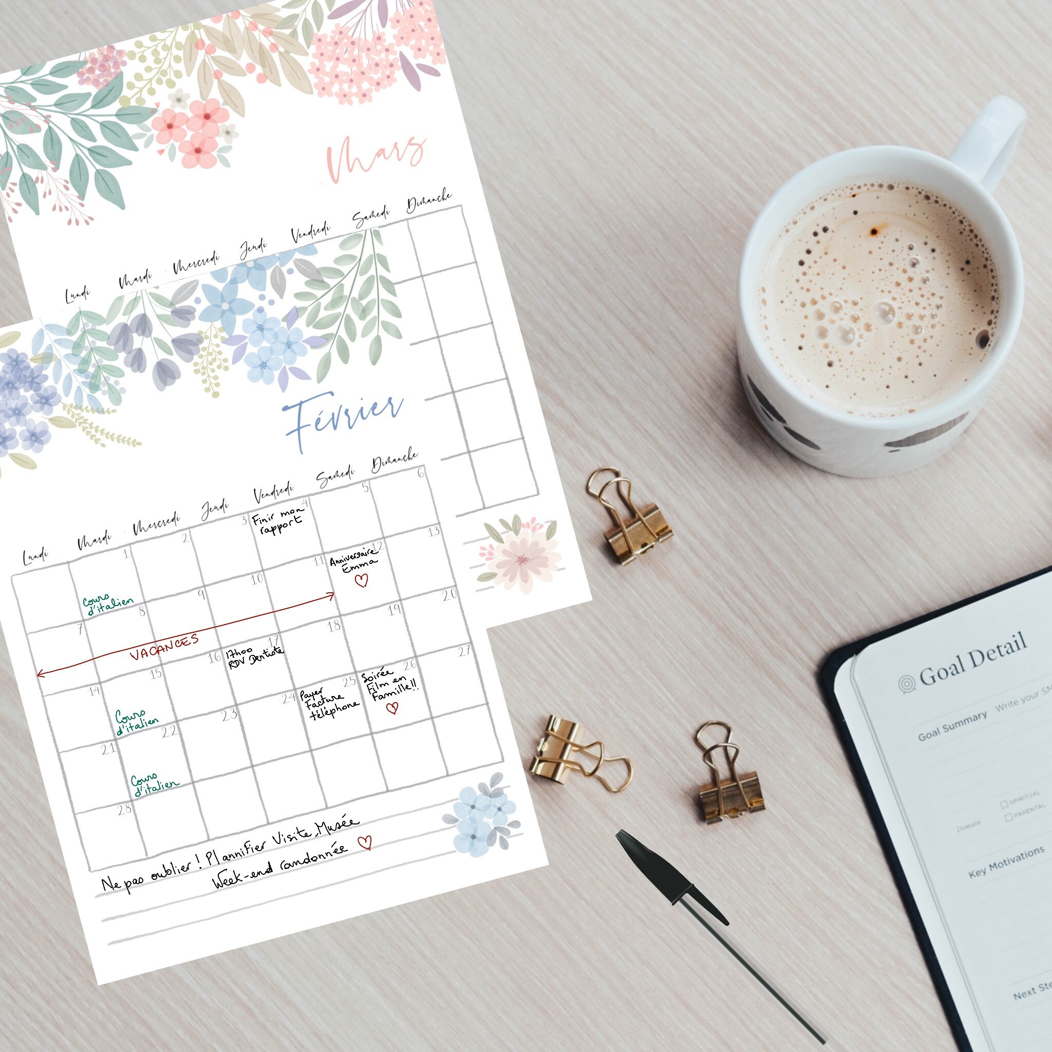 Blank Calendar With Floral Watercolor Design, Printable, Planner, Diary ...
