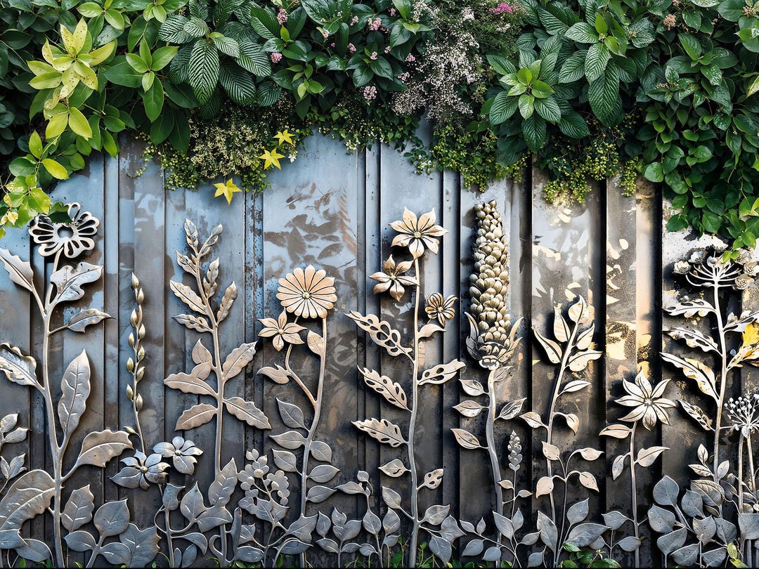 Floral Metal Sheet Effect Curtain Mural Tapestry Fence Panel or Balcony ...