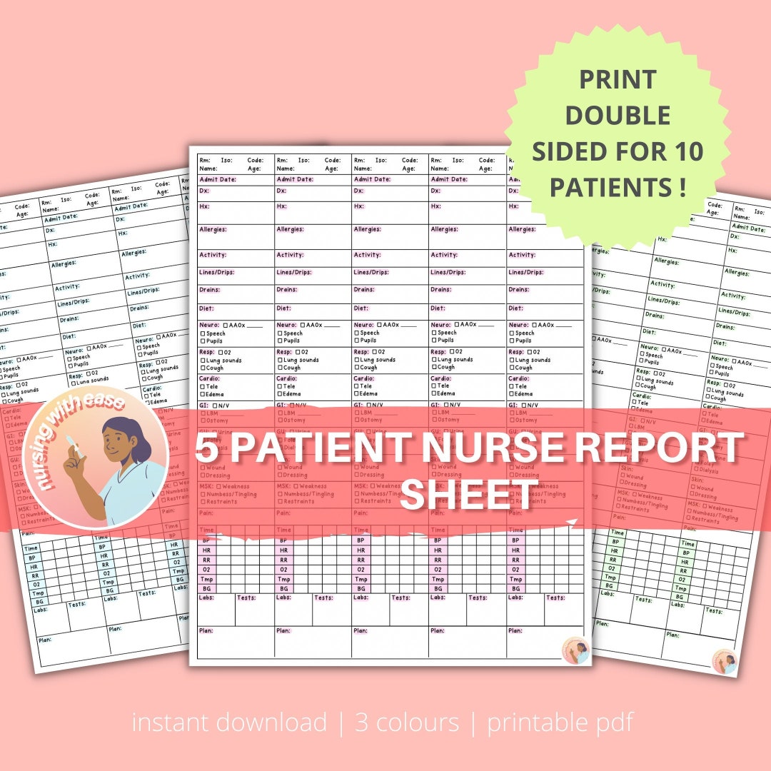 Five Patient Nurse Report Sheet | Medsurg Brain Sheet | Nursing Report ...