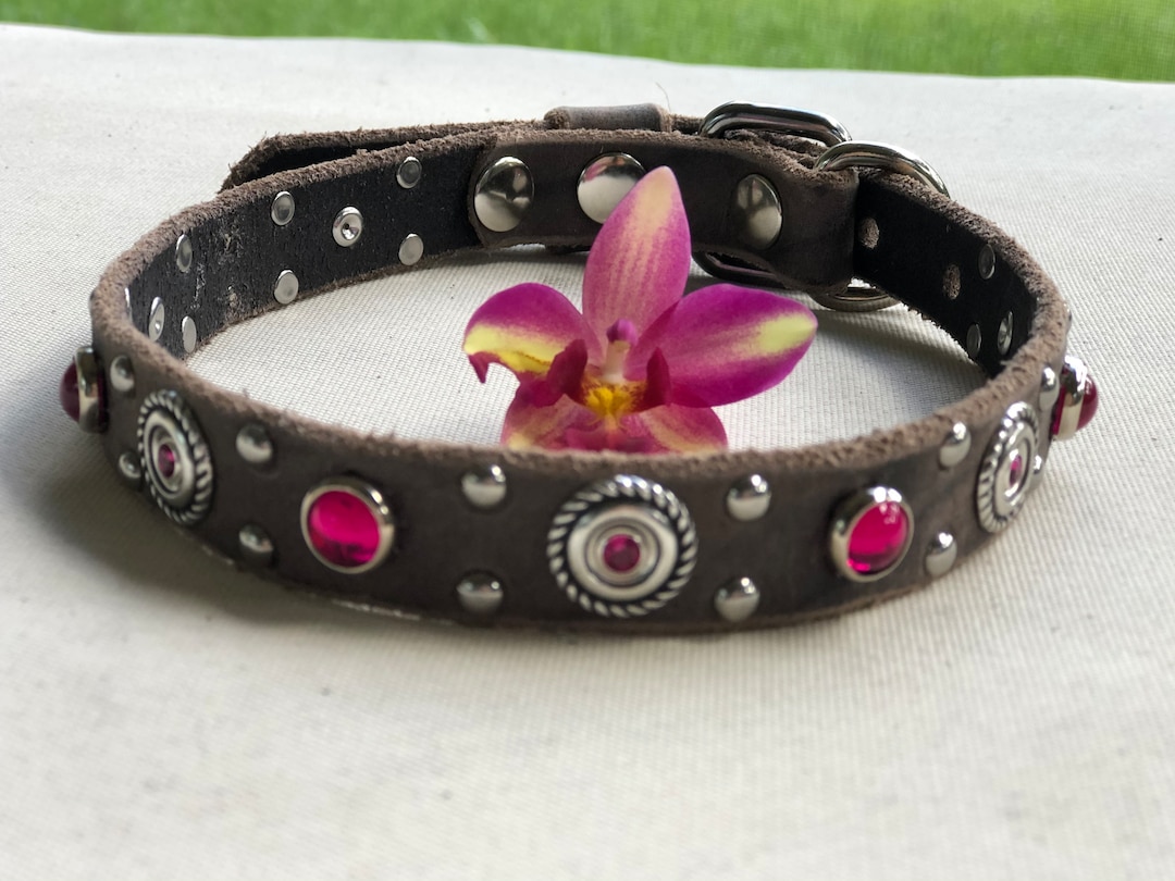 Custom Jeweled Leather Dog Collar in Blue for Small Dogs , Rustic ...