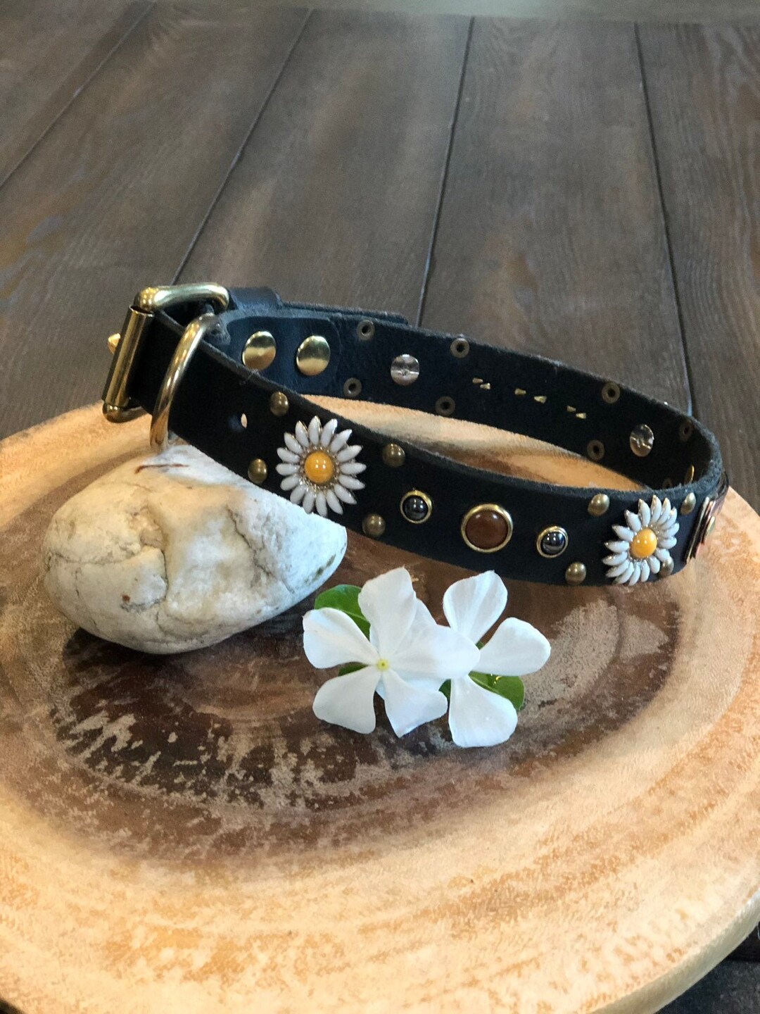 Floral Trendy Girly Leather Dog Collar, Personalized Nature Tone Flower ...