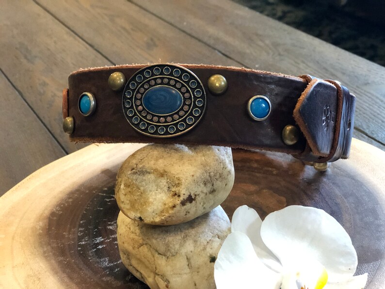 Western Leather Dog Collar With Antique Style Conchos, Turquoise Stones ...