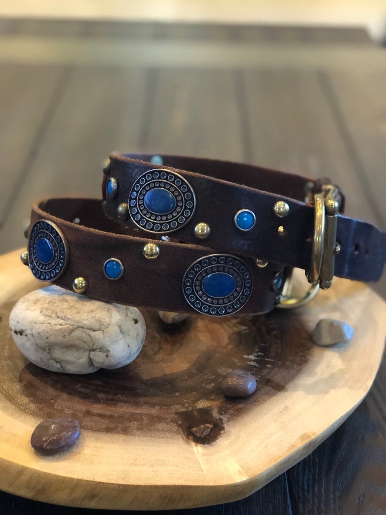 Western Leather Dog Collar With Antique Style Conchos, Turquoise Stones ...