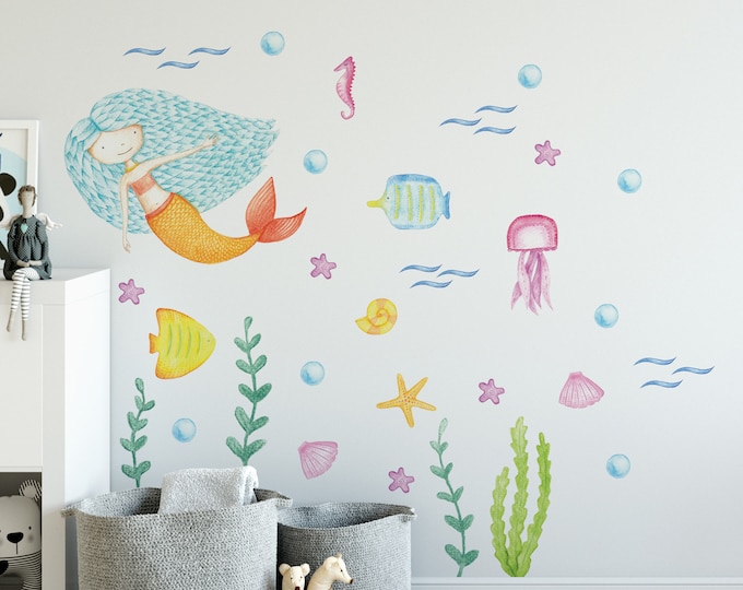Colorful Mermaid Wall Decals for Kids Room, Whimsical Sea Life Wall ...