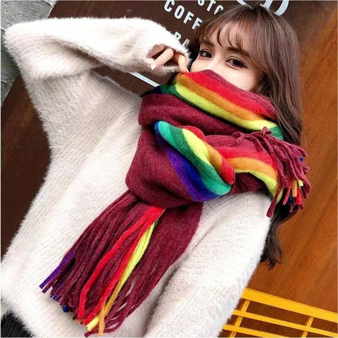 Women's Rainbow Striped Cashmere Winter Scarf Knitted Knitted Warm Soft ...