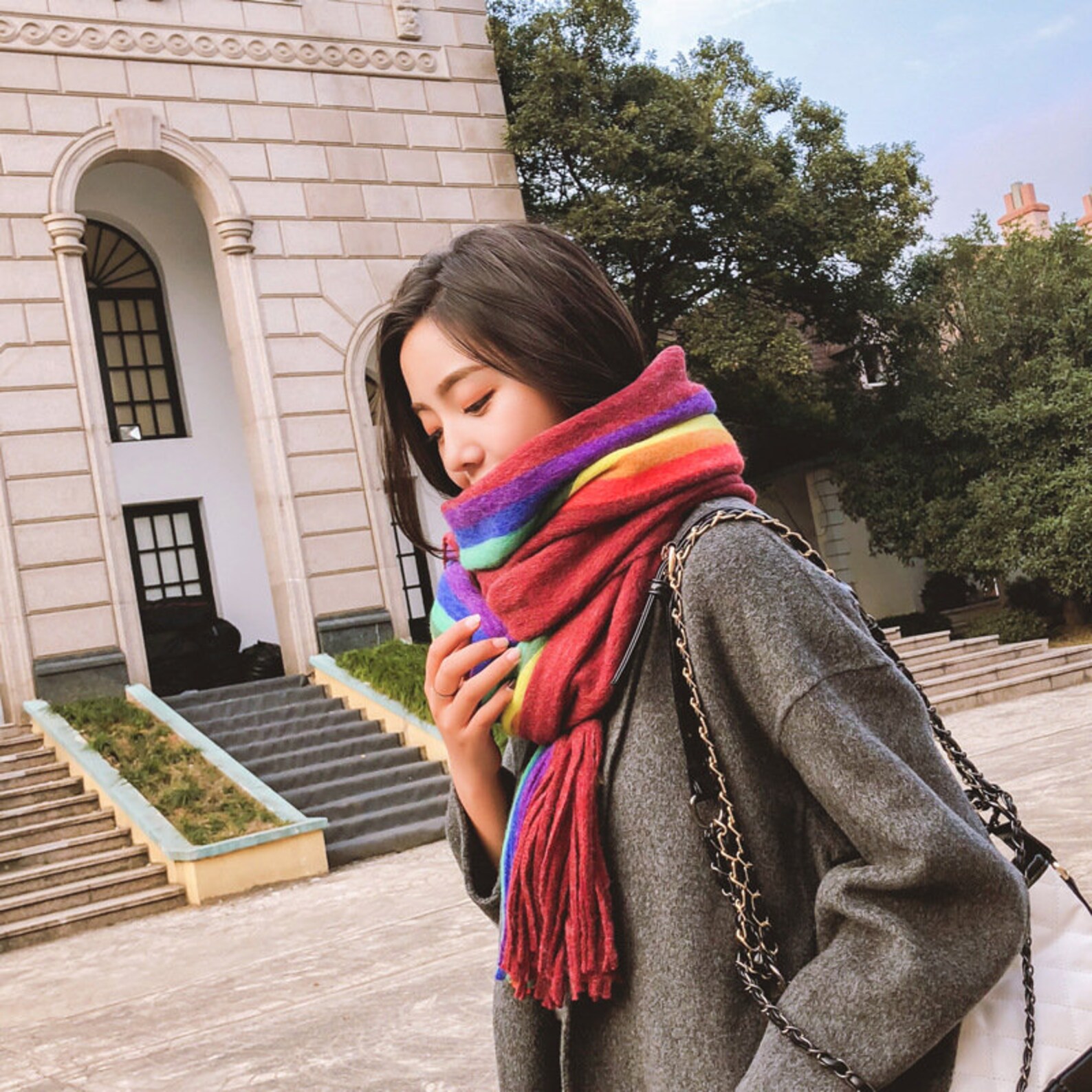 Women's Rainbow Striped Cashmere Winter Scarf Knitted Knitted Warm Soft ...