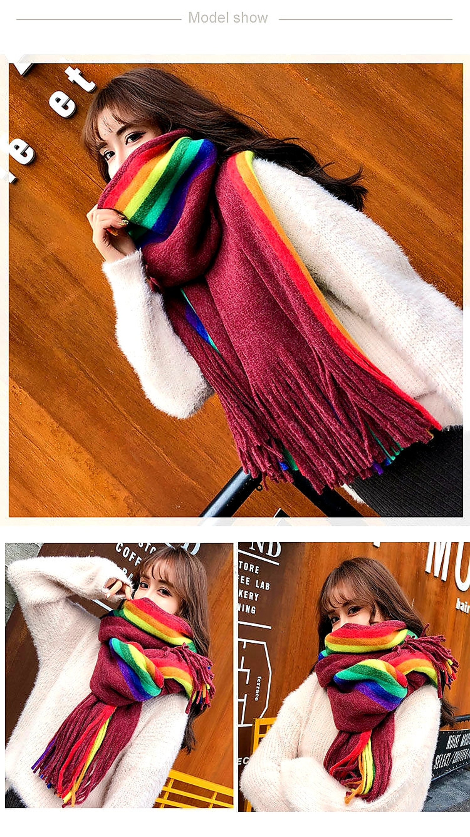 Women's Rainbow Striped Cashmere Winter Scarf Knitted Knitted Warm Soft ...