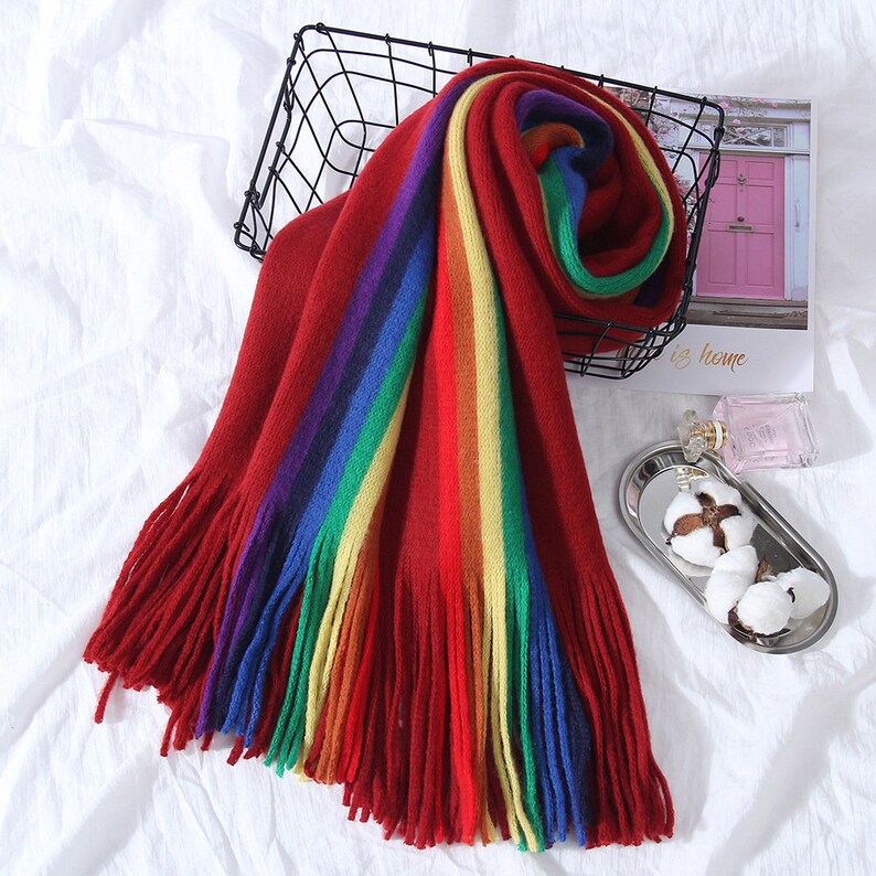 Women's Rainbow Striped Cashmere Winter Scarf Knitted Knitted Warm Soft ...