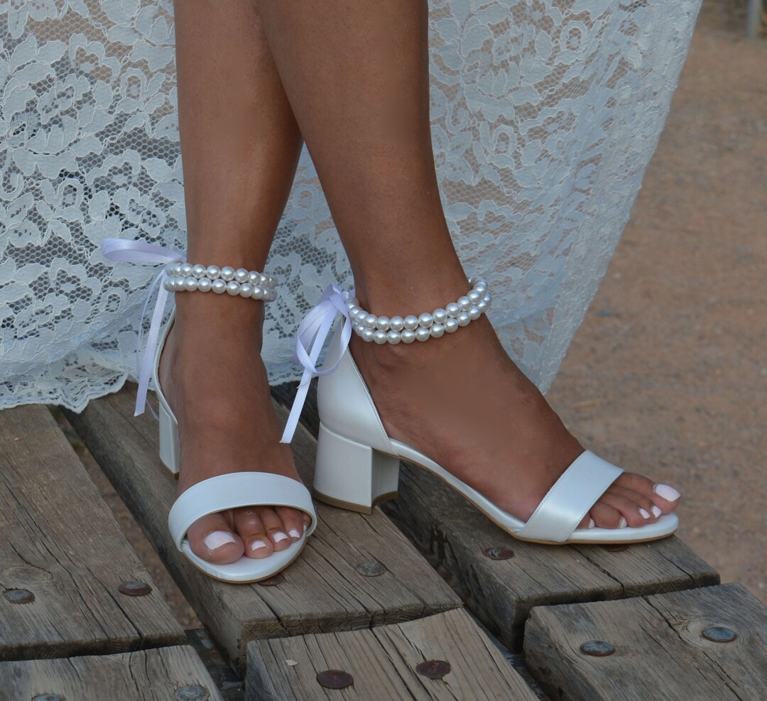 Block Heel WHITE Wedding Sandals - Leather Bridal Heels - Pearls ...
