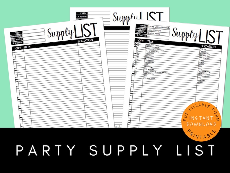 Supply List Template | Fillable PDF | Party Planning Printable ...