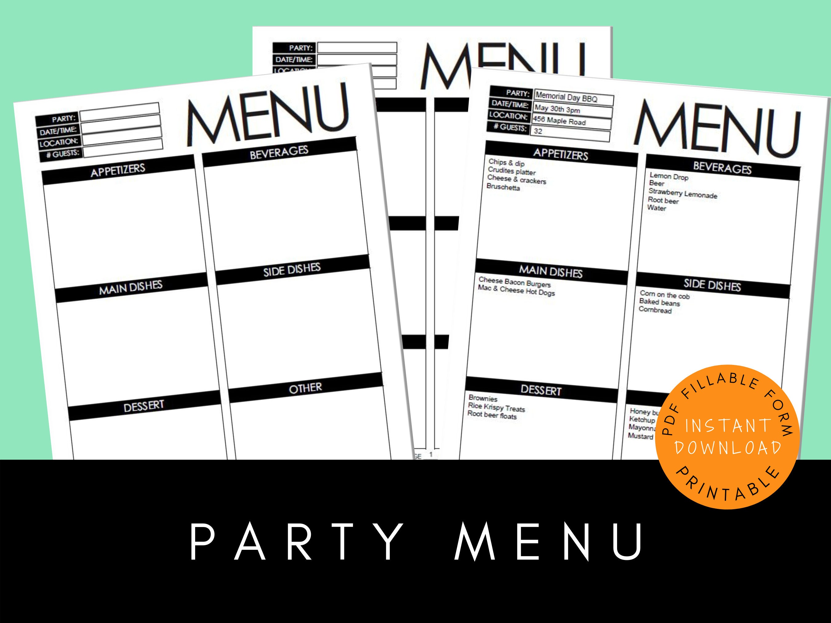 Party Menu Printable Fillable PDF Menu Template Editable - Etsy