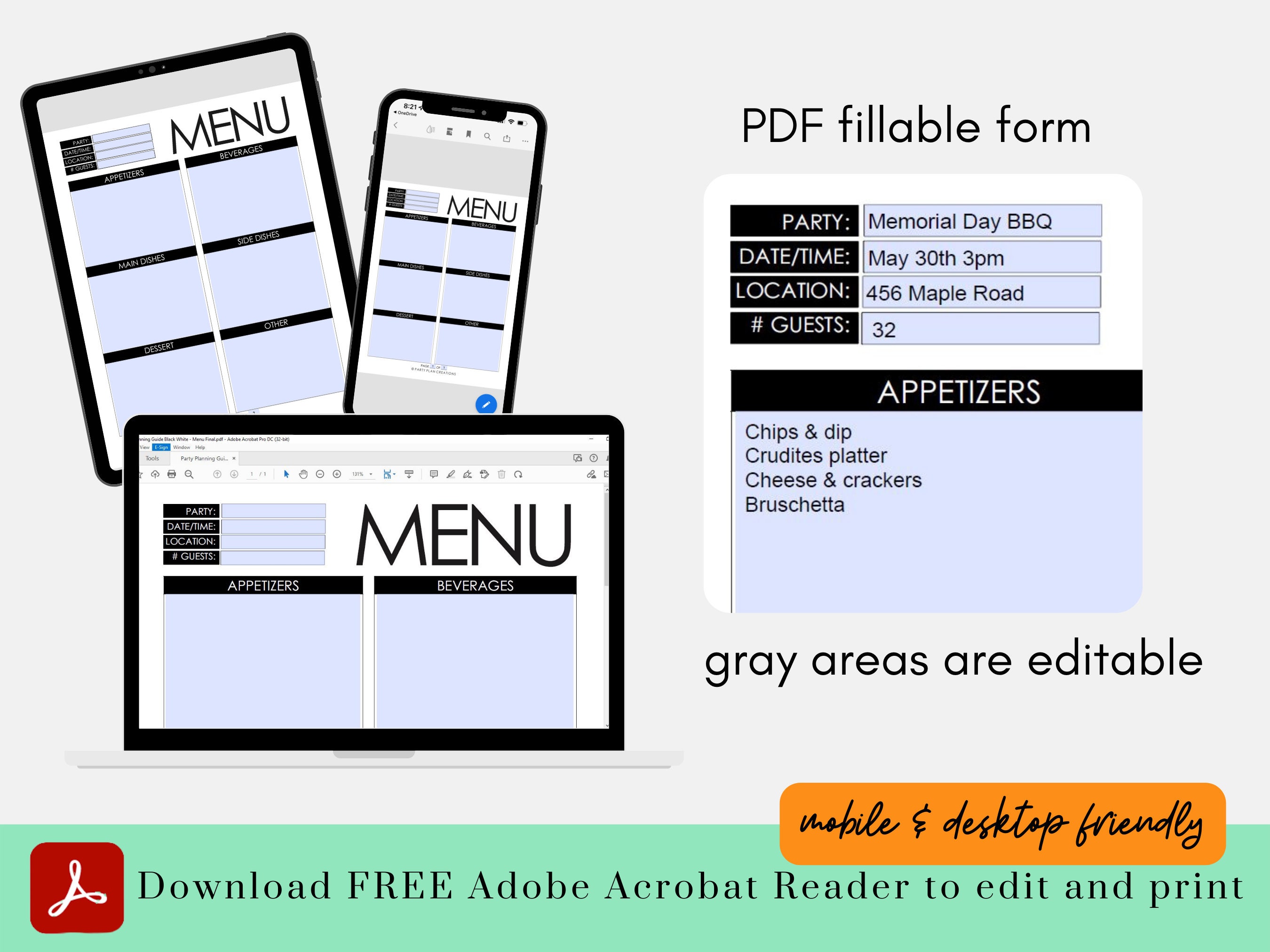Party Menu Printable | Fillable PDF | Menu Template Editable | Menu ...