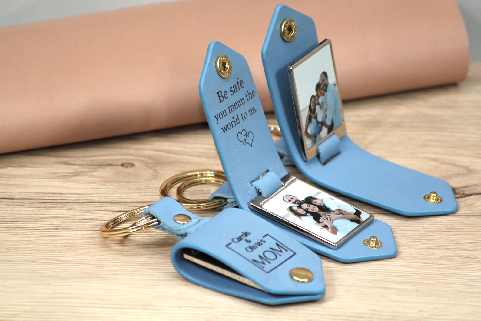 Personalized Leather Photo Keychain: Engraved Message, Gold Hardware - Etsy