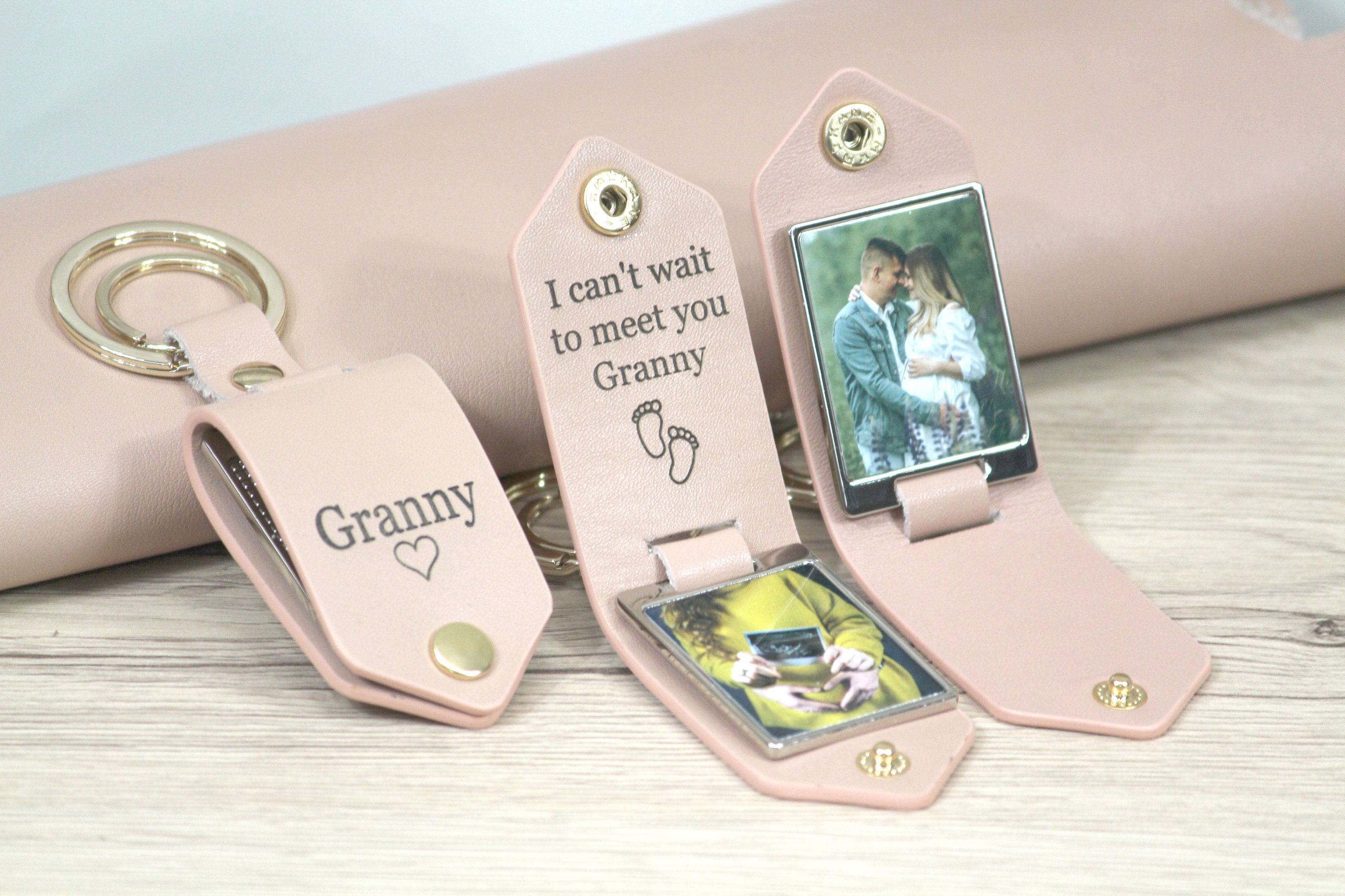 Personalized Leather Photo Keychain: Engraved Message, Gold Hardware - Etsy
