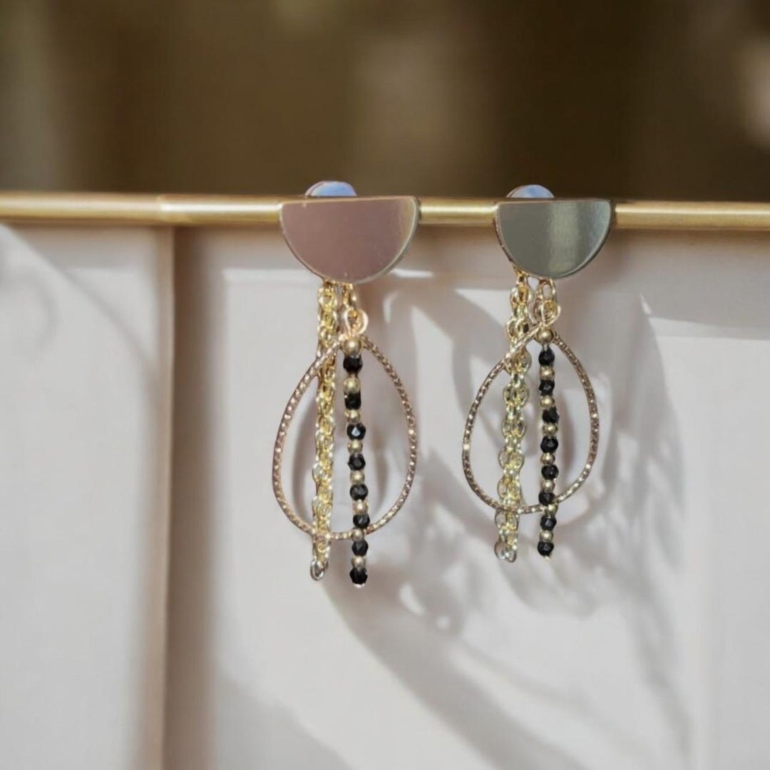 Half Moon 14K Gold Plated Posts. Black Swarovski Crystals. Chains ...