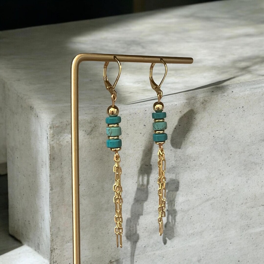 Turquoise Earrings. Leverback Posts. Gold Filled Long Earrings. Teal ...