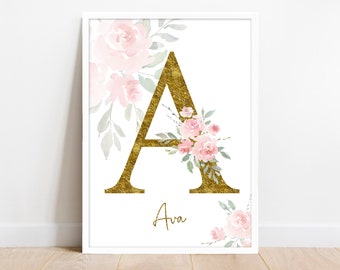 Personalised Initial Print Nursery Decor Pink Watercolour | Etsy