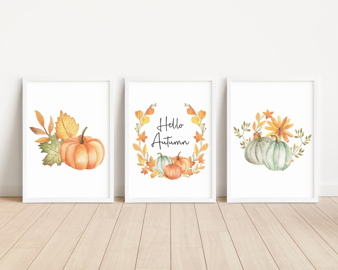 Set of 3 Hello Autumn Pumpkin Prints, Trio Design. Autumn Home Decor ...