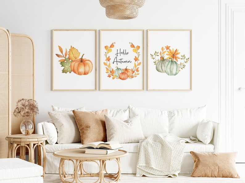 Set of 3 Hello Autumn Pumpkin Prints, Trio Design. Autumn Home Decor ...