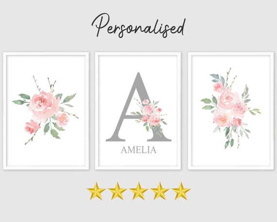 Set Of 3 Initial Print Nursery Decor Personalised. Pink | Etsy