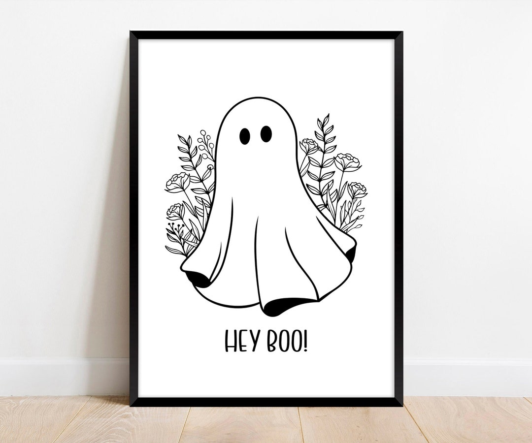 Cute Ghost Hey Boo Print. Floral Line Drawing Illustration. - Etsy UK