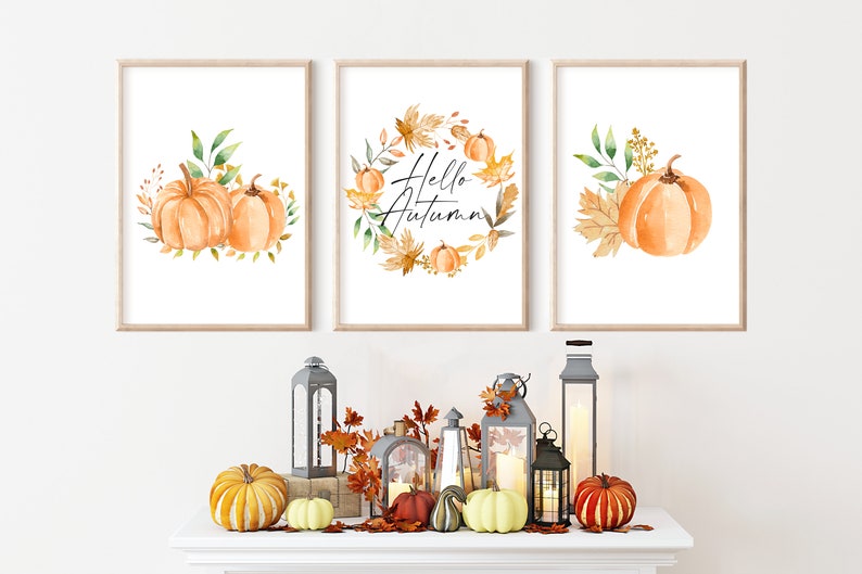 Hello Autumn Decor Set of 3 Pumpkin Prints, Trio Design. Autumn Home ...