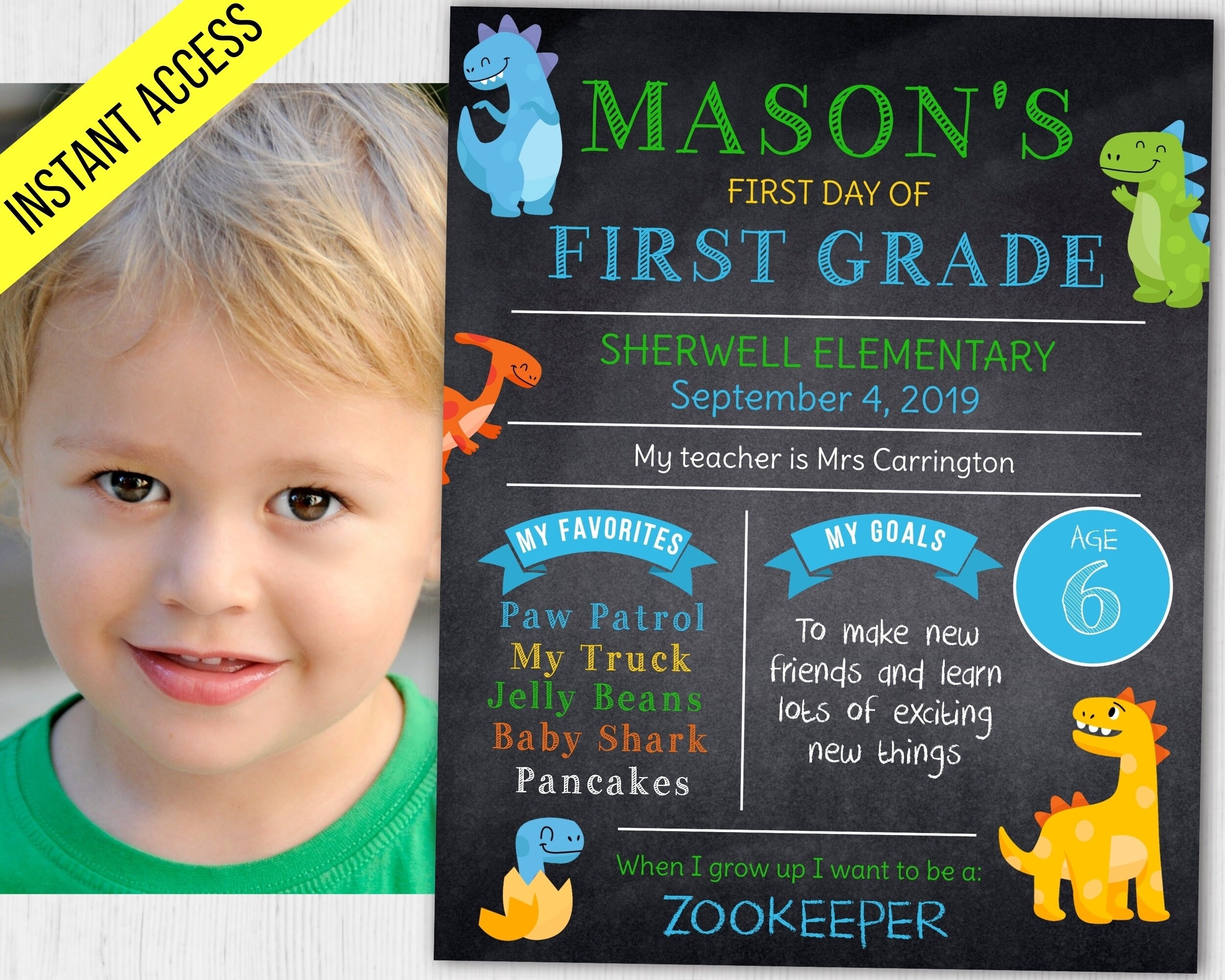 Editable Dinosaur First Day of School Photo Prop School Sign | Etsy