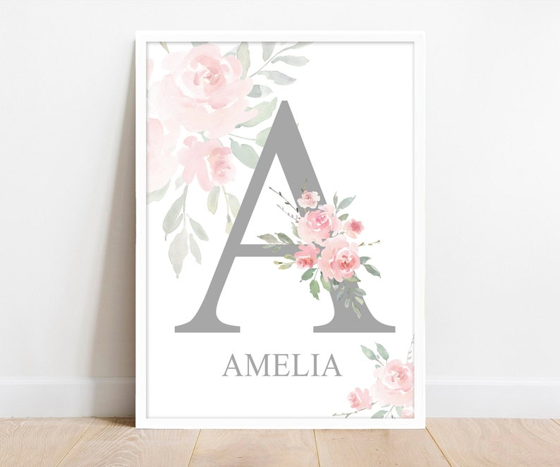 Personalised Initial Print Nursery Decor - Pink Watercolour Wall Art ...