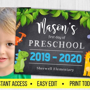 Editable Dinosaur First Day of School Sign, School Sign ANY GRADE, Boys ...