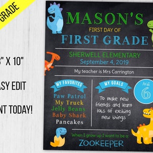 Editable Dinosaur First Day of School Photo Prop, School Sign ANY GRADE ...