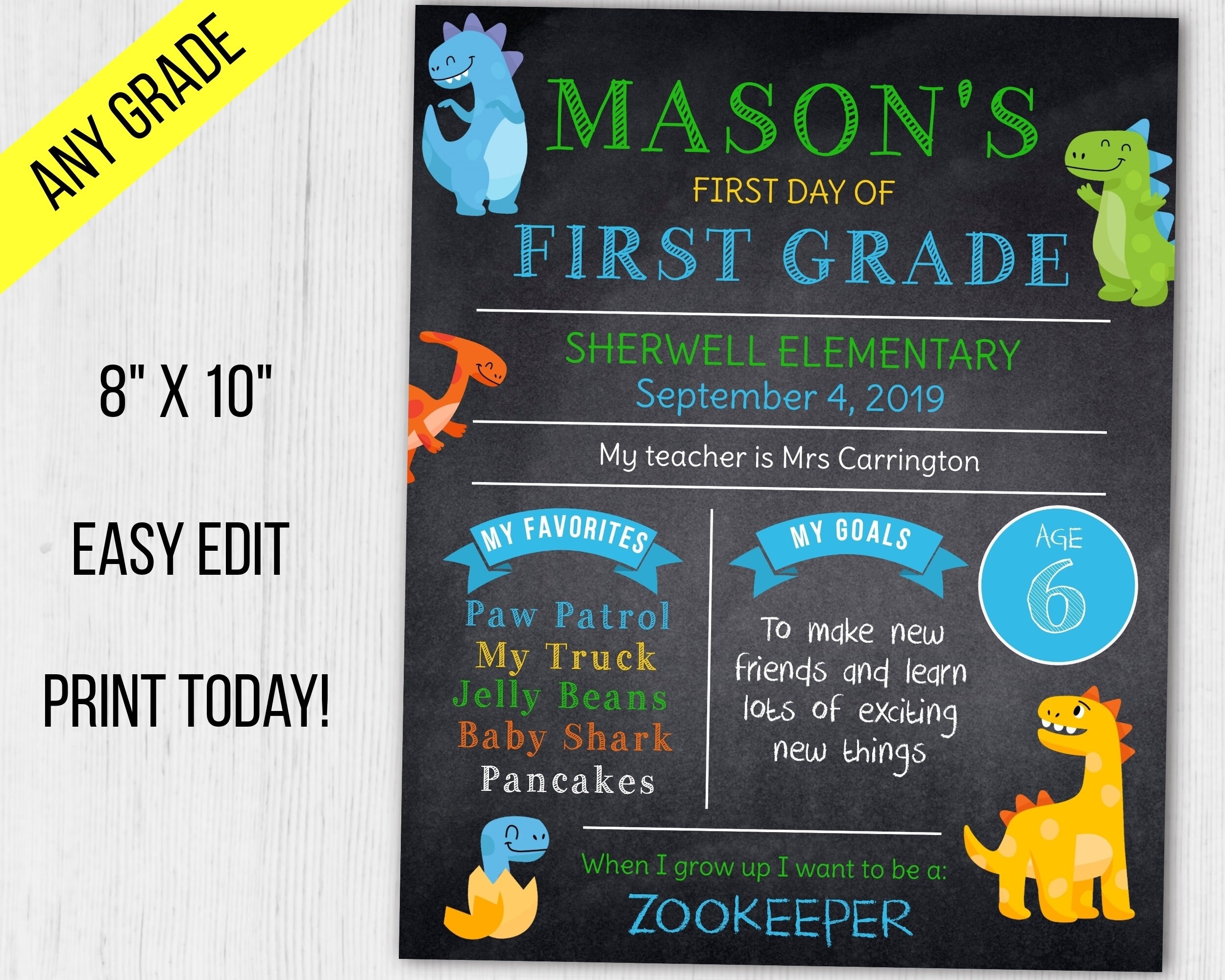 Editable Dinosaur First Day of School Photo Prop School Sign | Etsy