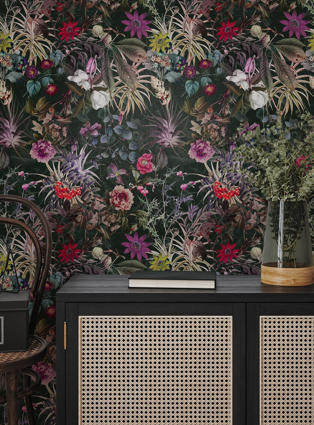 Dark Botanic Floral Wallpaper, Watercolor Pattern Wallpaper, Self ...