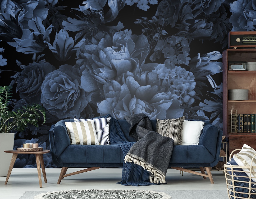 Dark Blue Floral Wallpaper, Garden Flowers on Dark Background, Self ...