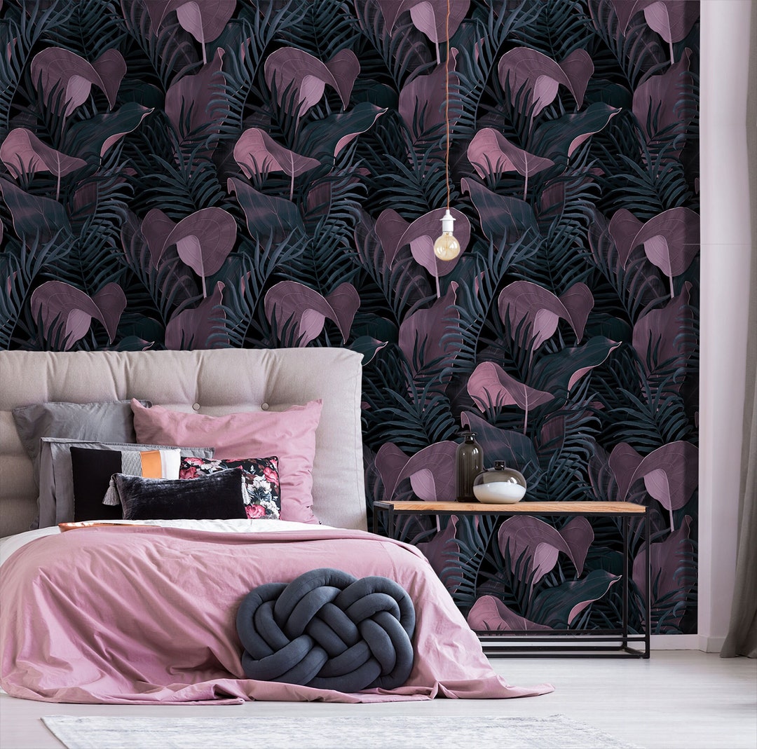 Dark Purple Floral Wallpaper, Botanical Wallpaper, Self Adhesive, Peel ...