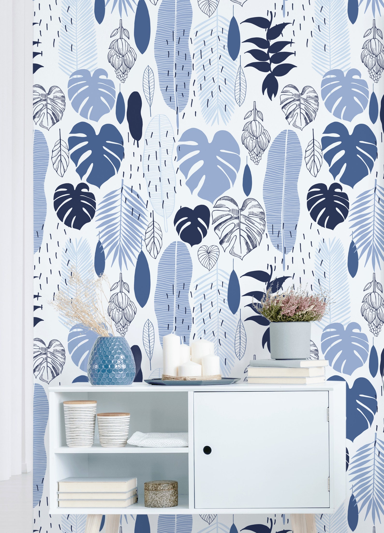 Exotic Blue Leaf Wallpaper Peel and Stick Wallpaper Tropical - Etsy