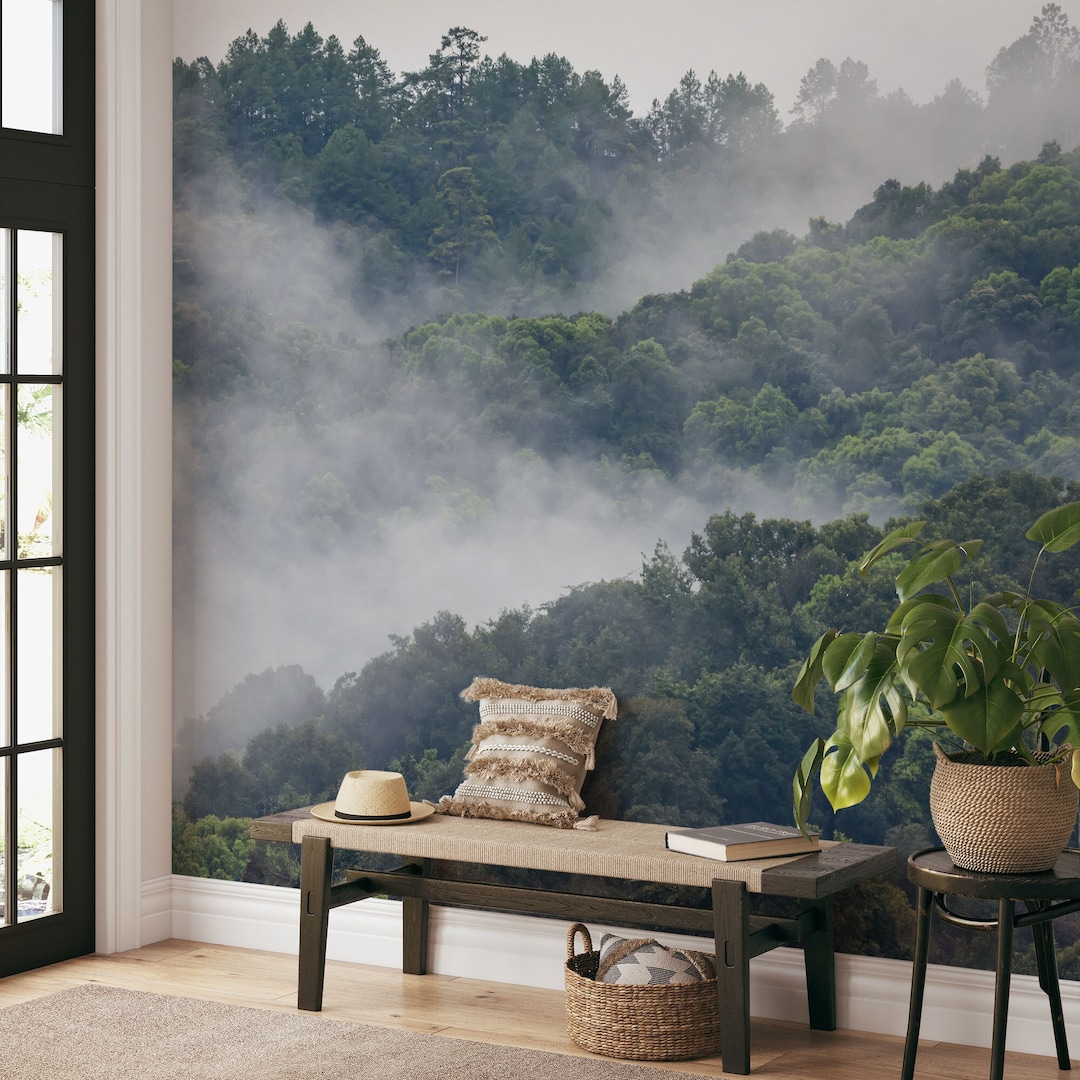 Misty Rainforest Wall Mural, Tropical Tree Landscape Wallpaper, Self ...